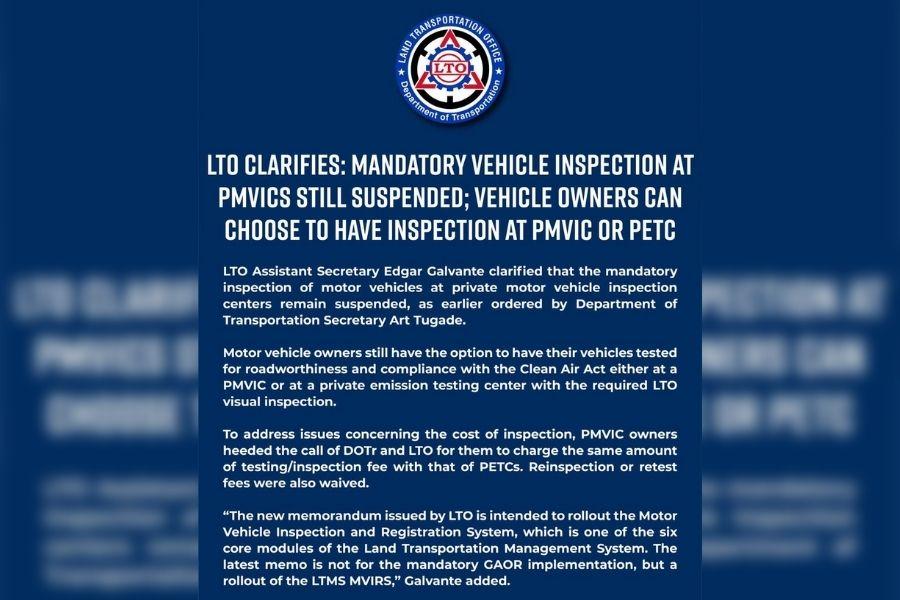 Mandatory PMVIC inspection still suspended, LTO says