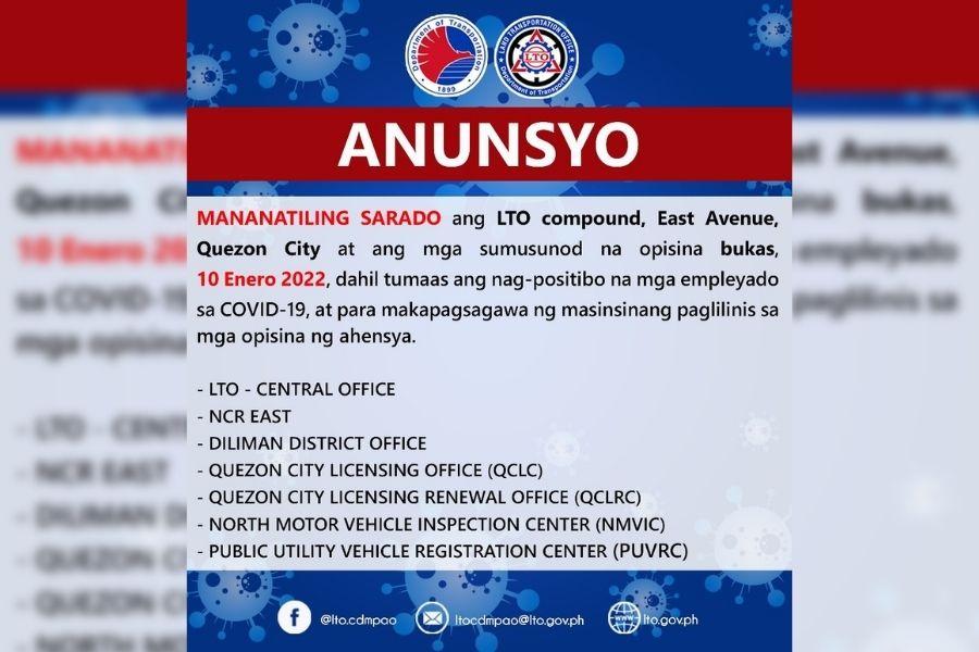 LTO suspends operations at Central Office, six other branches