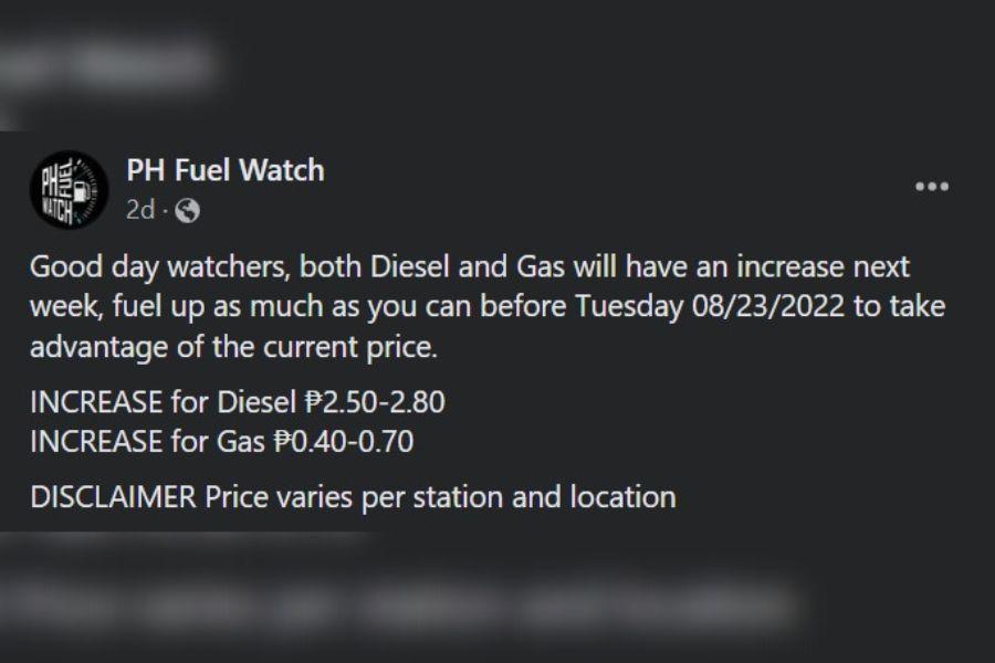 Diesel prices expected to go up by over P2 this week
