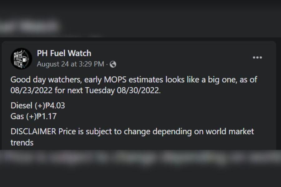 Diesel prices could go up by P4 next week