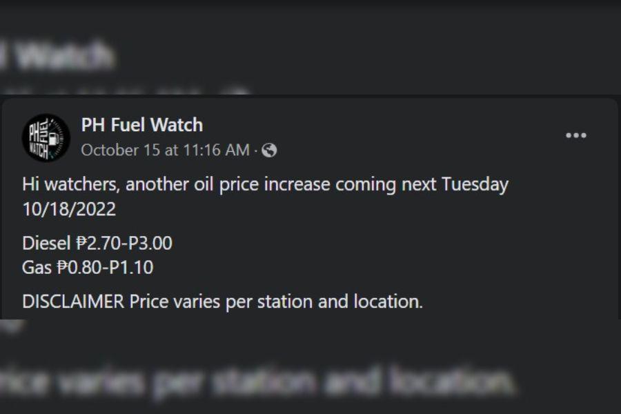 Diesel prices to rise by up to P3 per liter week of October 18