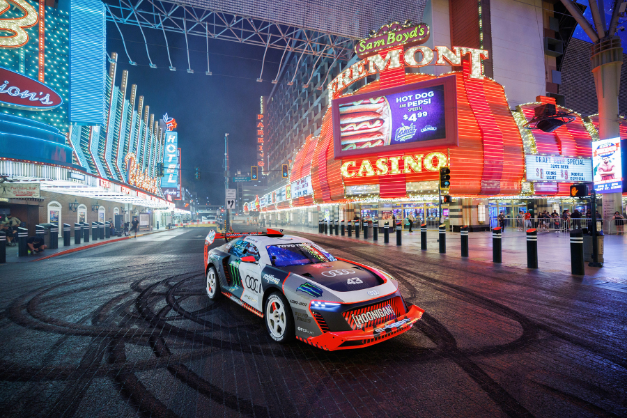 Ken Block drifts into Las Vegas with Audi S1 Hoonitron electric car