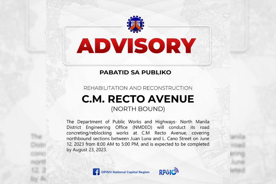 DPWH conducts rehabilitation works at C.M. Recto Ave NB until August